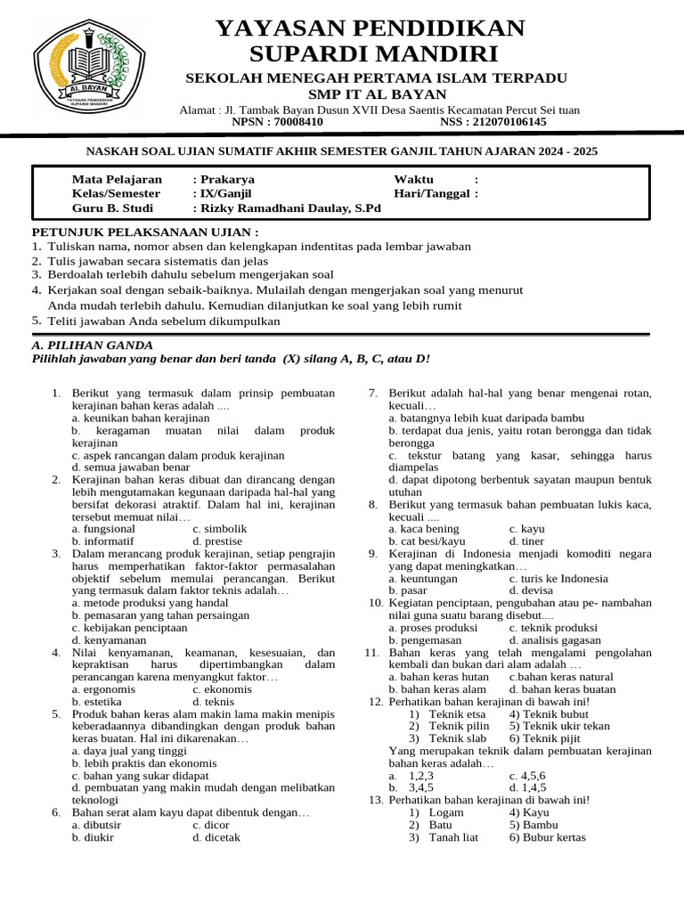 Uas Ganjil Prakarya KLS Ix | PDF
