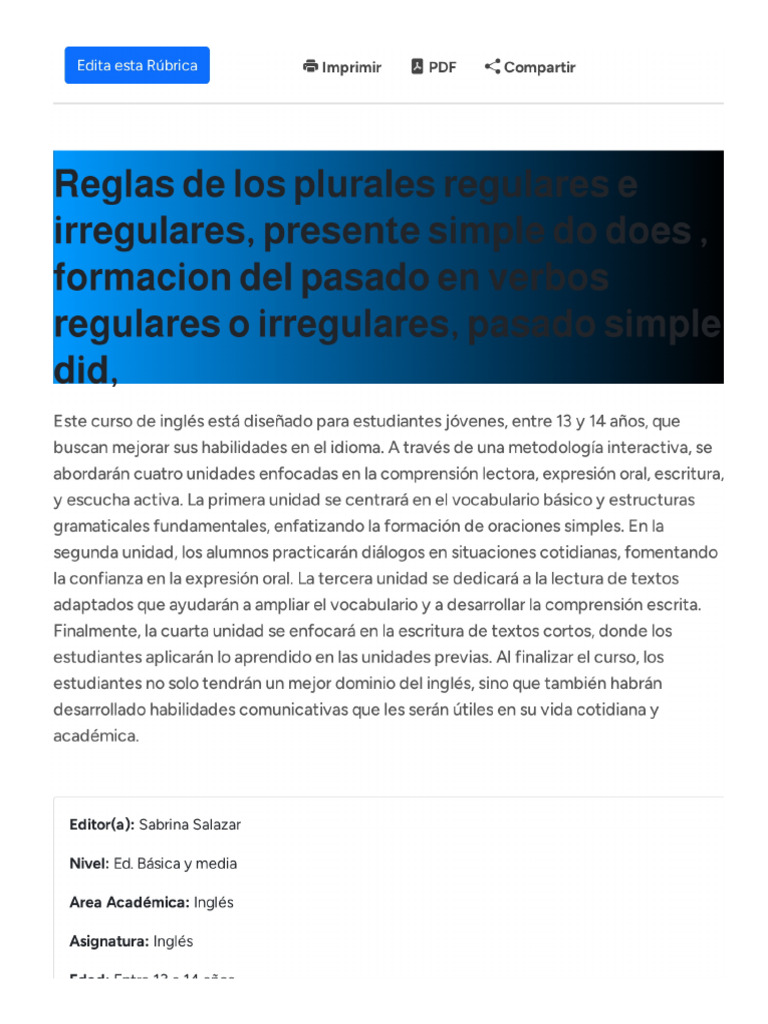 Reglas De Los Plurales Regulares E Irregulares, Presente Simple Do Does ...