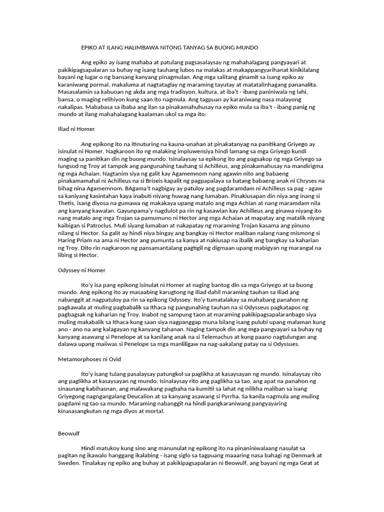 Epiko at Ilang Halimbawa Nitong Tanyag Sa Buong M | PDF