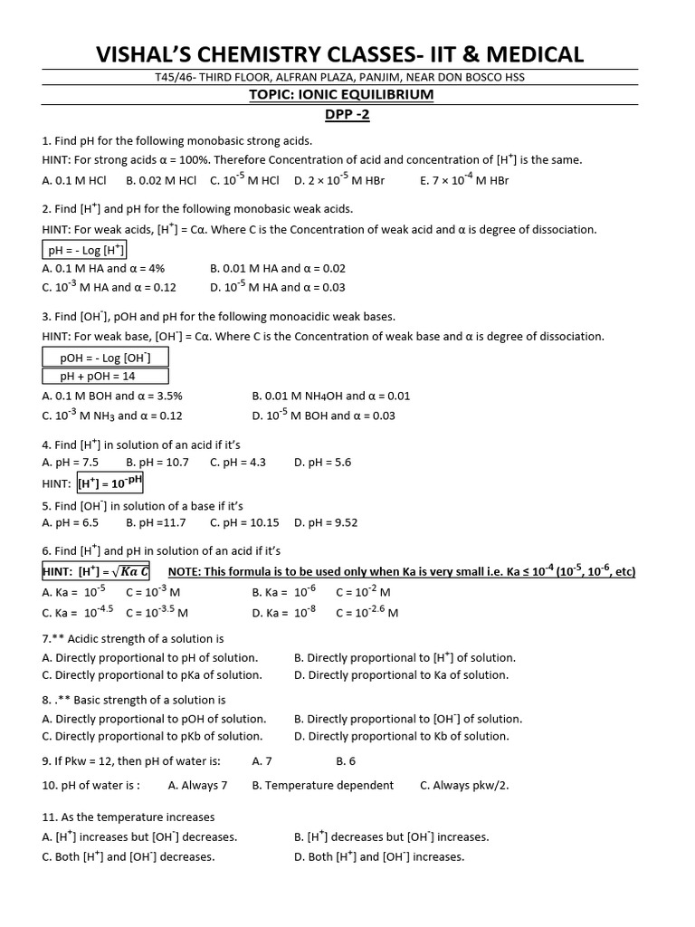 Ionic Equilibrium Practice Problems Pdf Ph Acid 9204