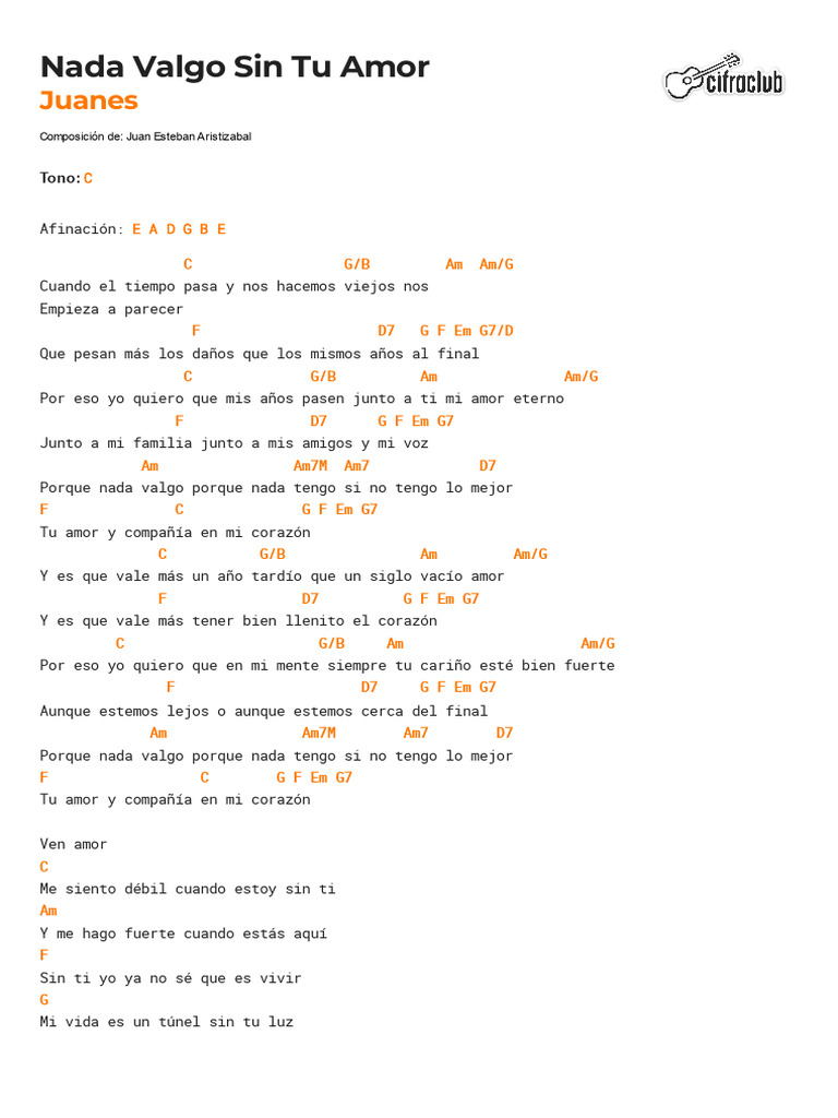 CHORDS Y LETRA - Juanes - Nada Valgo Sin Tu Amor | PDF | Amor
