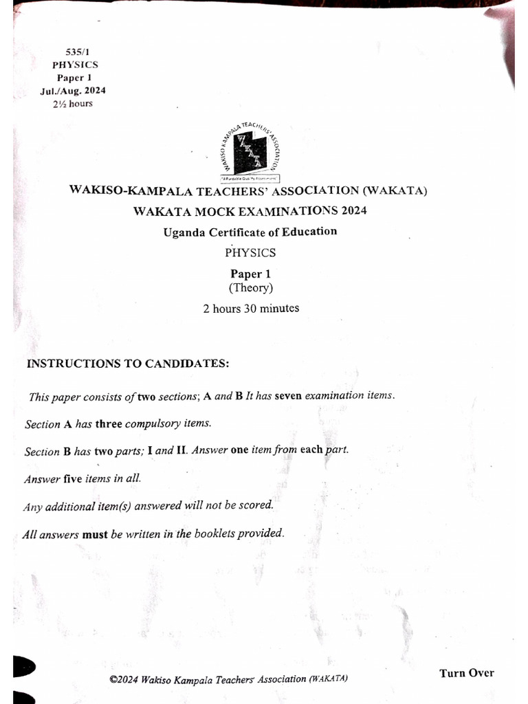 Wakata Mock Examination Uce Physics Paper One Theory 2024 | PDF