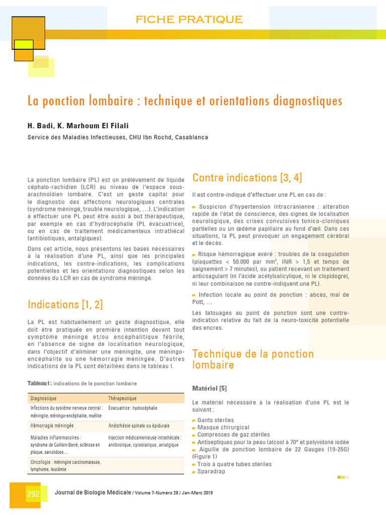 Technique et indications de la ponction lombaire | PDF | Méningite ...