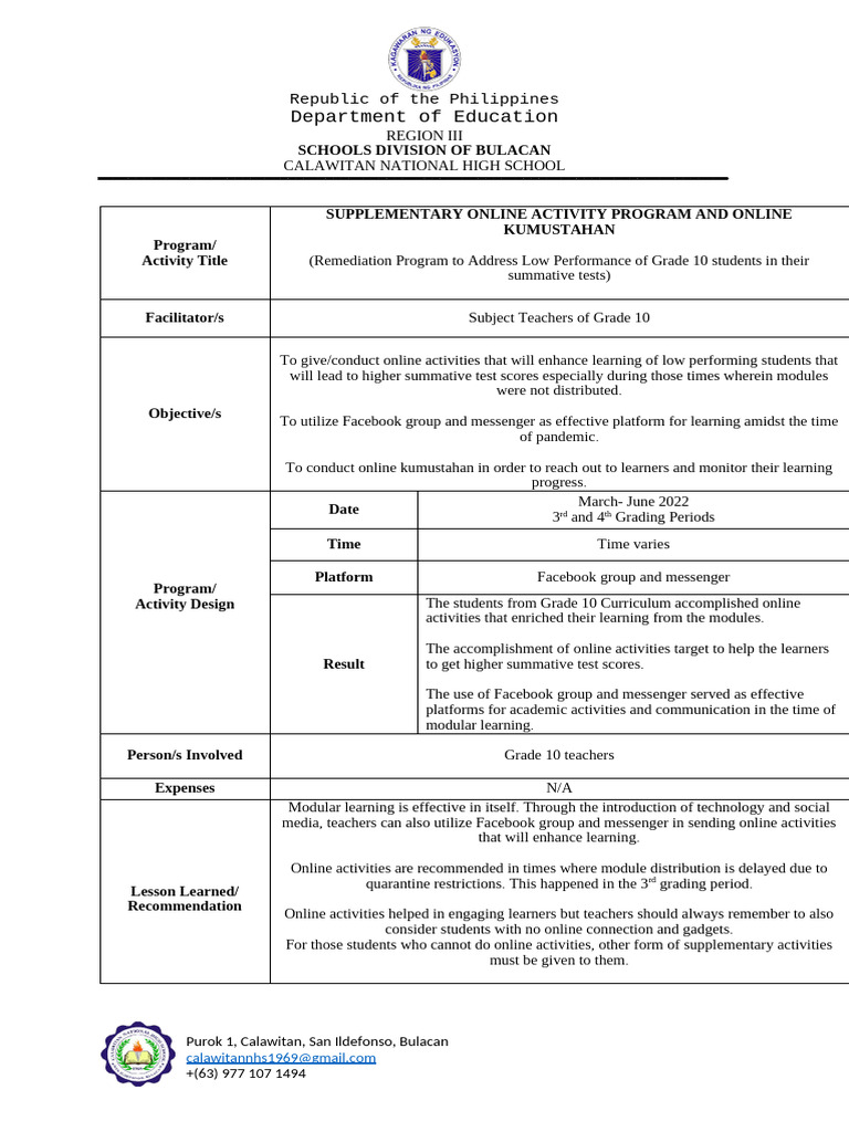 Supplementary Online Activity Program and Online Kumustahan | PDF ...