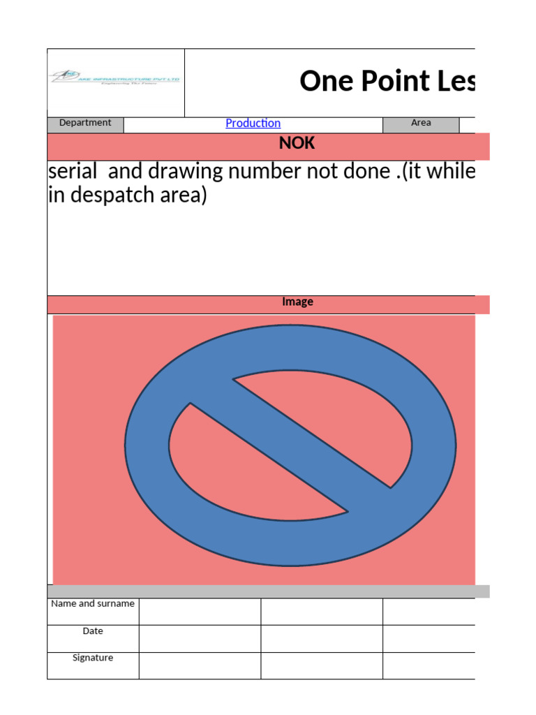 One Point Lesson (OPL) : Serial and Drawing Number Not Done - (It While ...