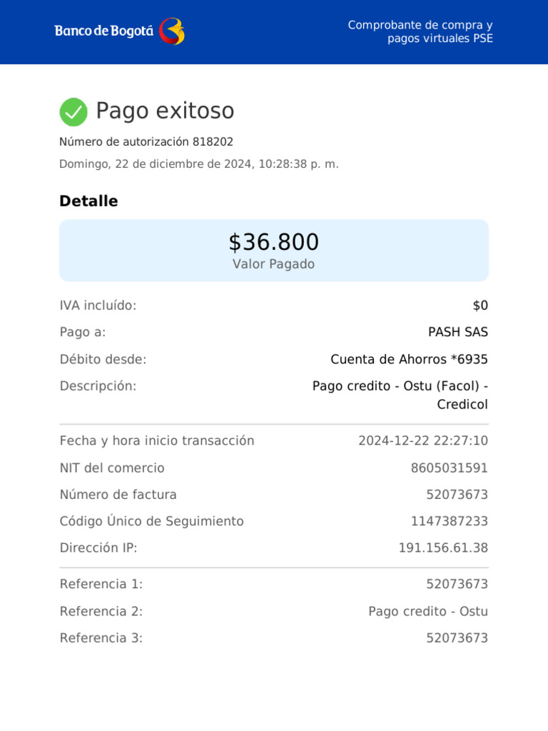 Comprobante Pago PSE a PASH SAS | PDF