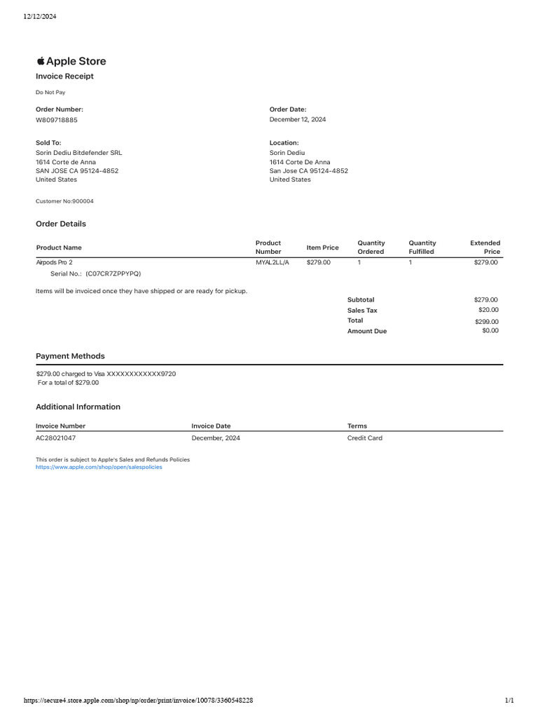 Apple Invoice Airpods Pro 2 | PDF | Invoice | Receipt