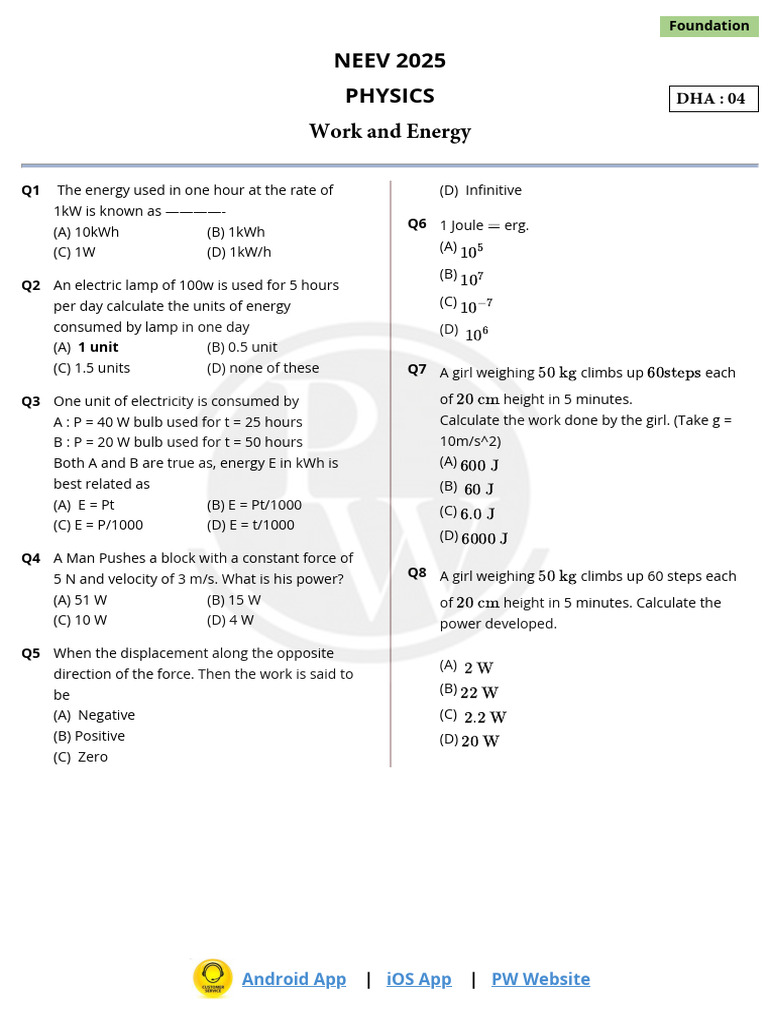 Work and Energy - DHA 04 - Neev 2025 | PDF | Metrology | Quantity