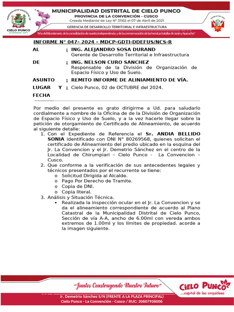 Informe Nº47-2024-Gdti - Ncs. Certificado de Aliniamiento Sonia Andia | PDF