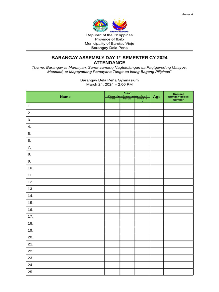Barangay Assembly Attendance Sheet | PDF
