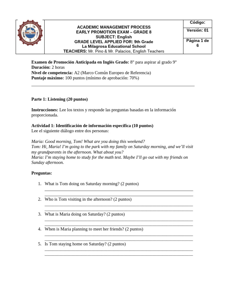 Grade 8 Early Promotion English Exam | PDF