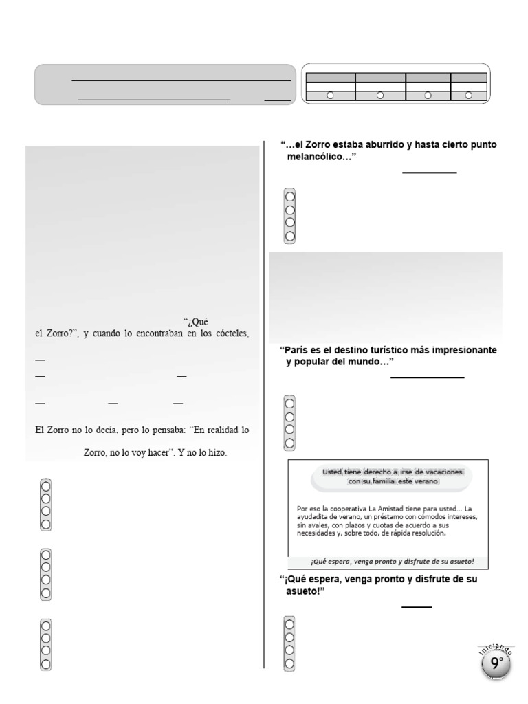 Prueba Diagnóstica de Español 9° Grado | PDF