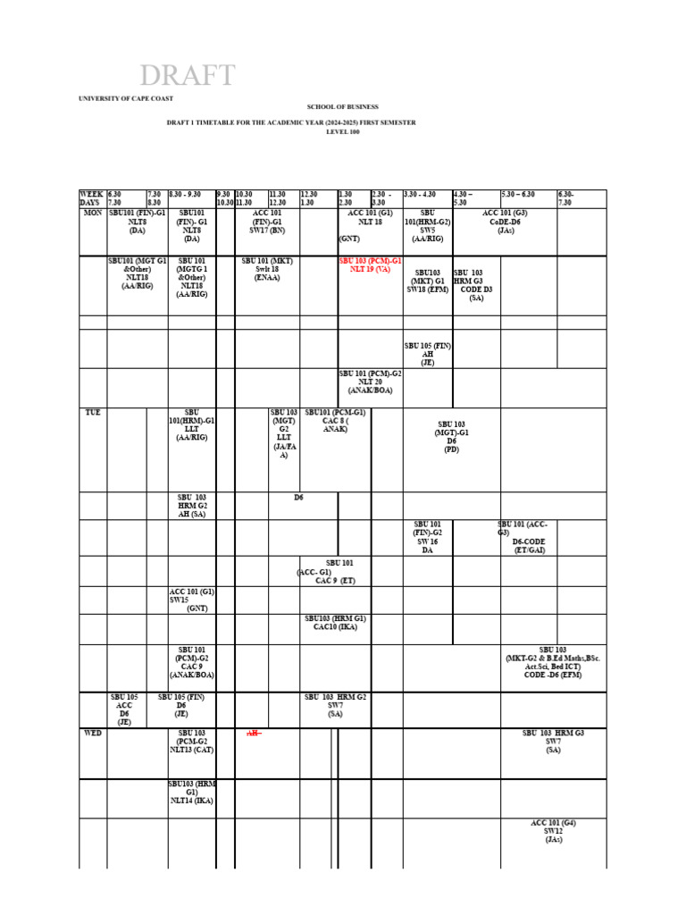 Update 3.11.24 2024.2025 DRAFT FIRST SEM TIMETABLE | PDF