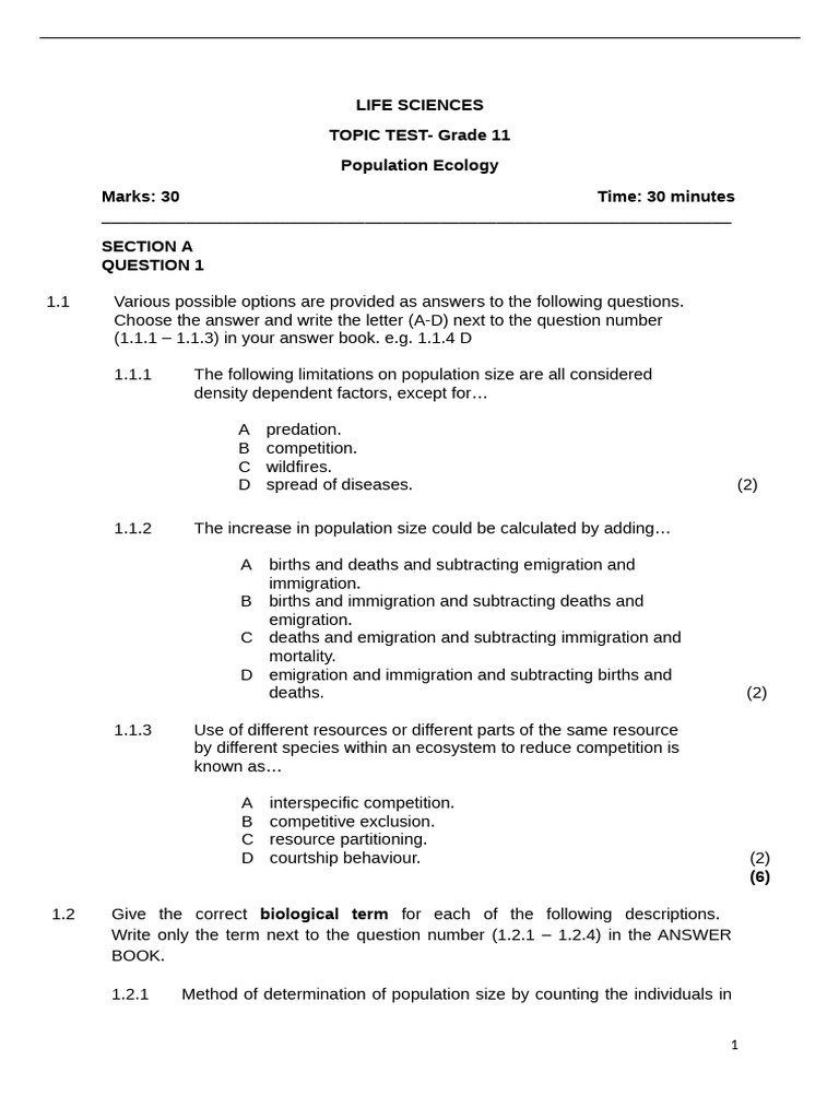 Grade 11 Population Ecology Test | PDF | Environmental Social Science ...