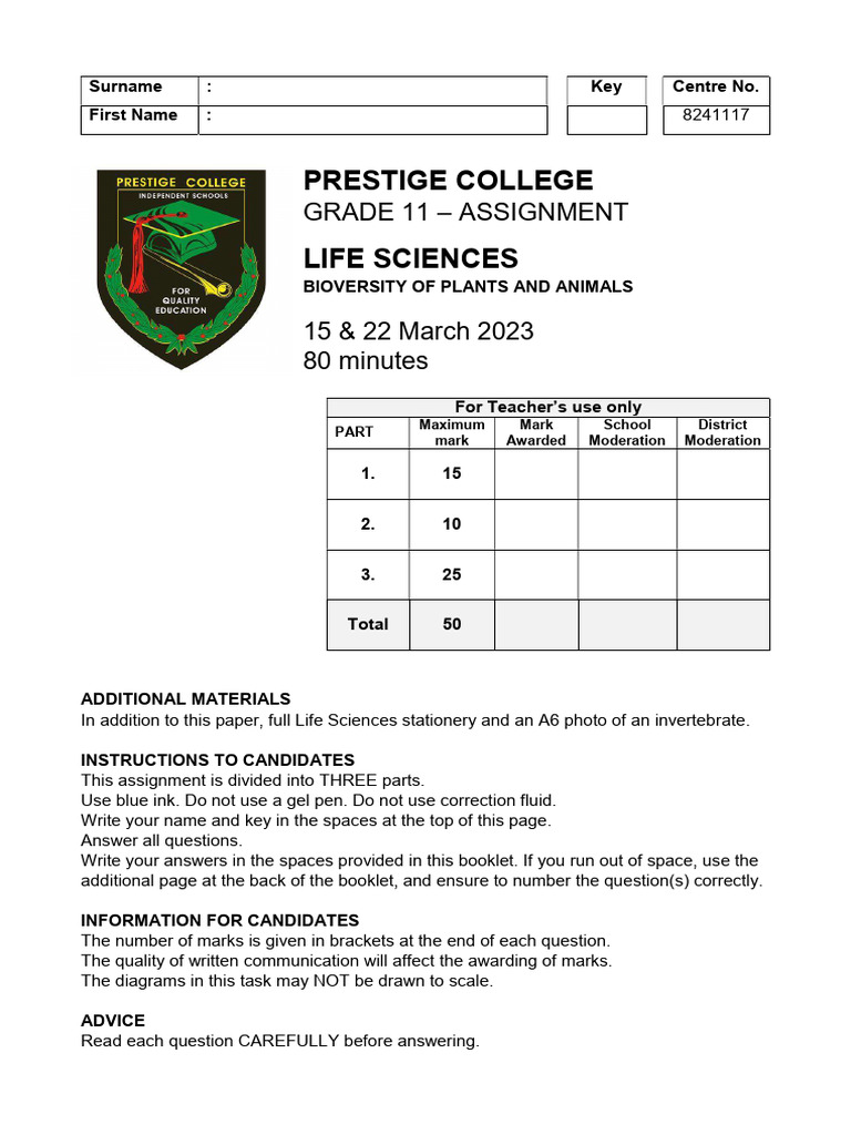 Grade 11 Life Sciences Assignment: Biodiversity | PDF | Biodiversity ...