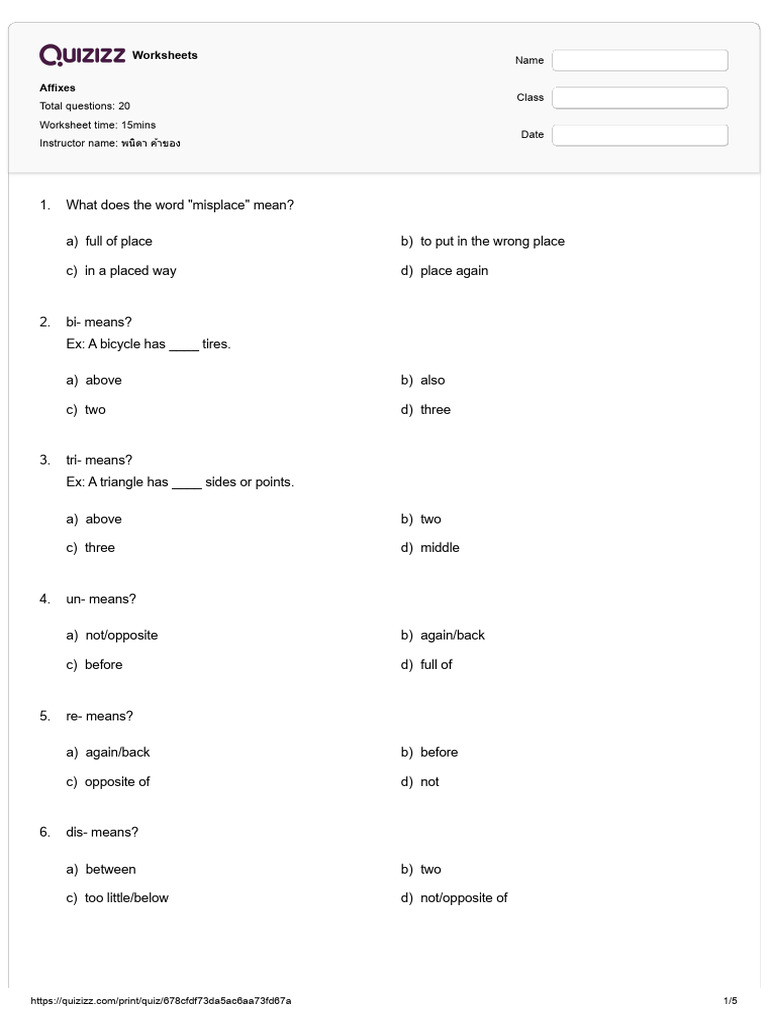 Worksheet _ Quizizz affix | PDF | Semantic Units | Languages