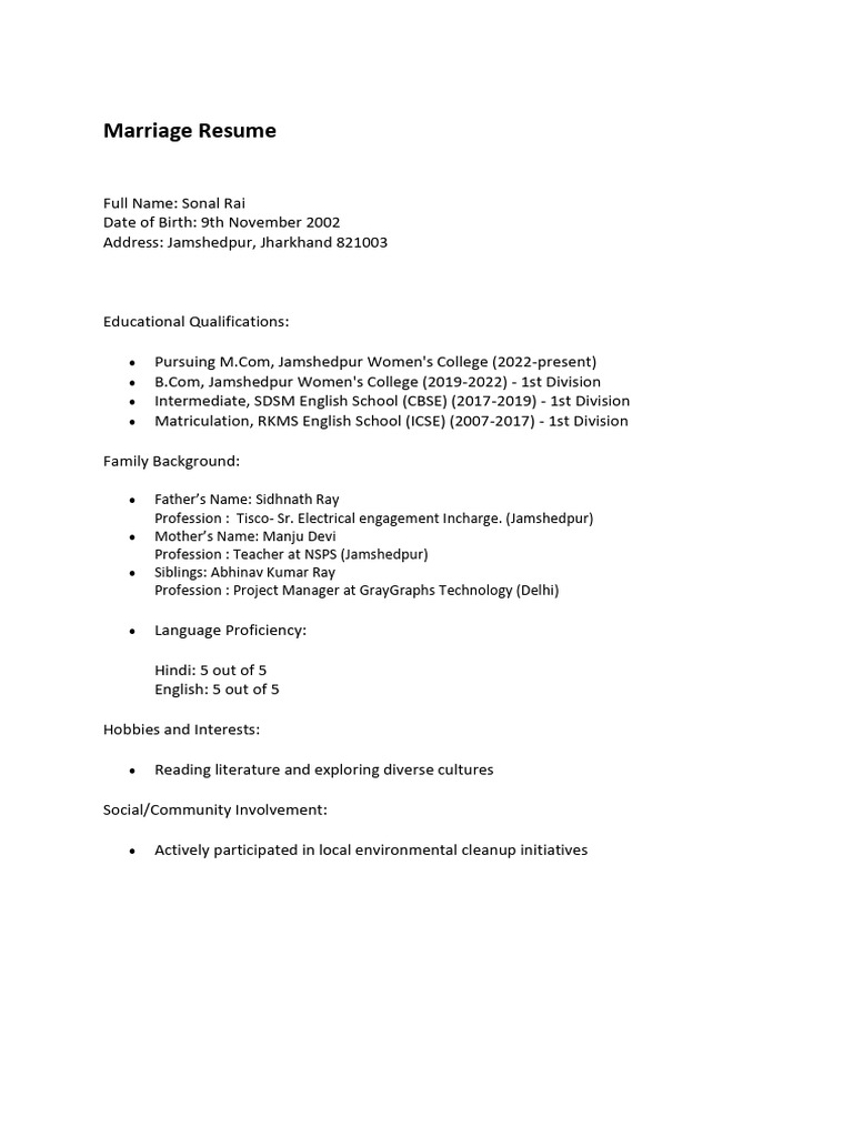 Marriage Resume | PDF
