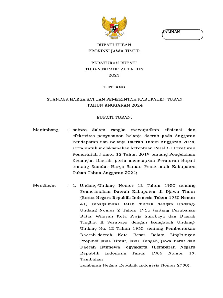 Perbup No 21 2023 Tentang SSH TA 2024 | PDF