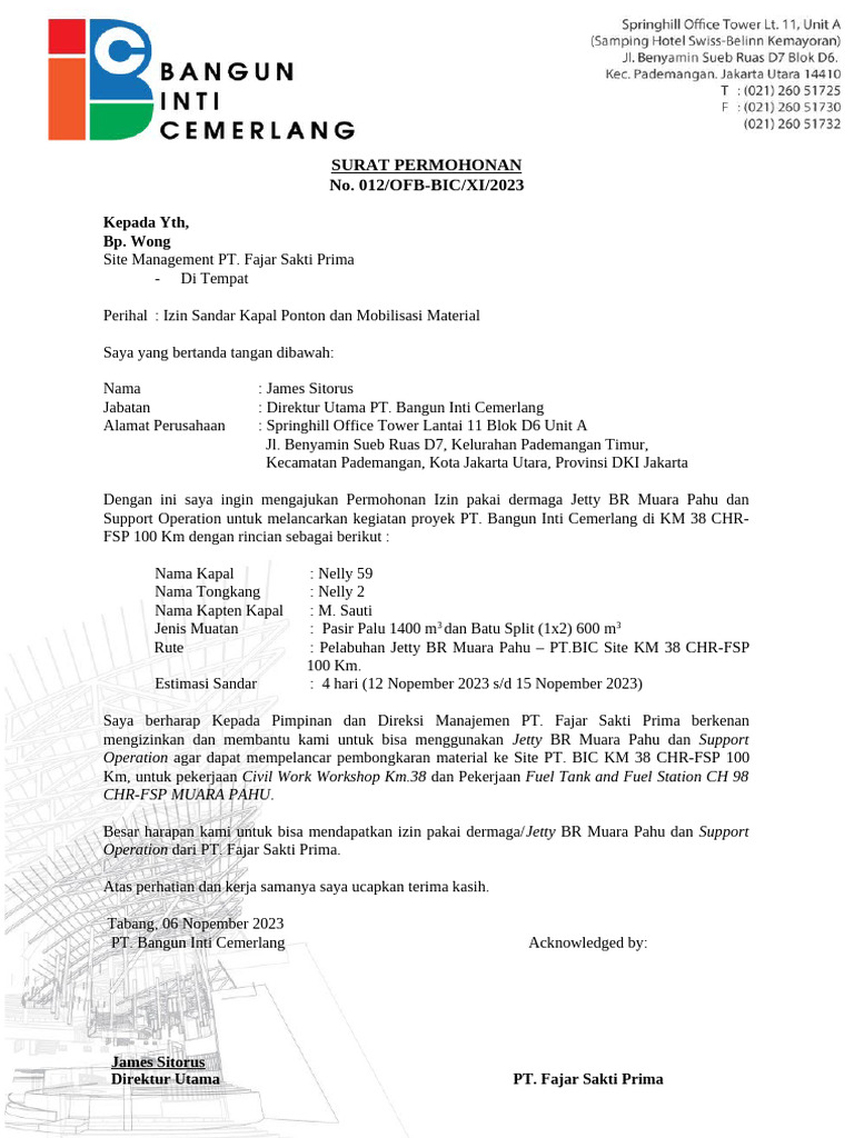 Surat Izin Sandar Kapal Ponton Nopember | PDF