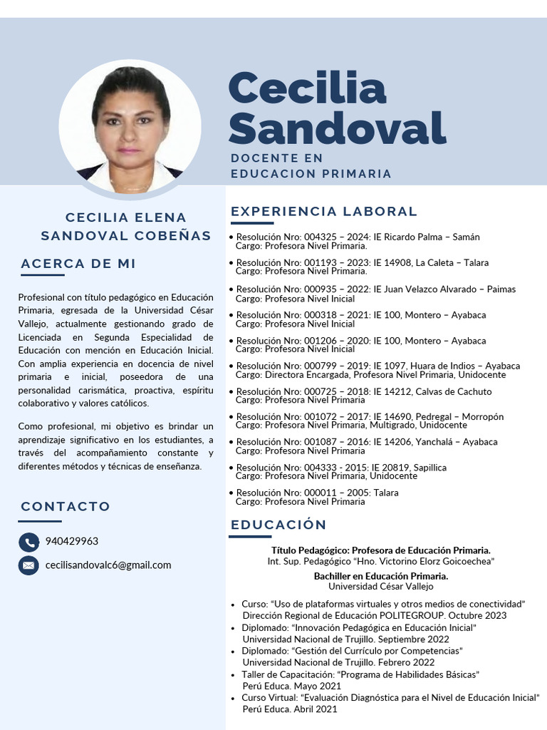 Curriculum Docente Cecilia Sandoval Cobeñas. | PDF | Maestros | Educación de la primera infancia