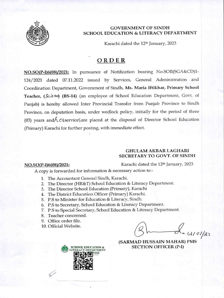 74252 Order for allowed Inter Provincial Transfer from Punjab Province to Sindh Province on ...
