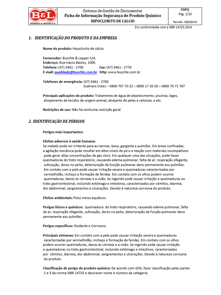 [FISPQ] Hipoclorito de Cálcio BEL | PDF | Cloro | Queimadura