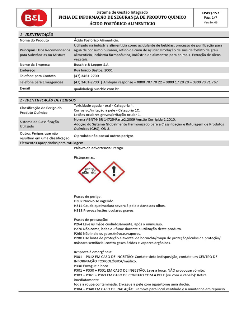 FISPQ Ácido Fosfórico Alimentício | PDF | Química