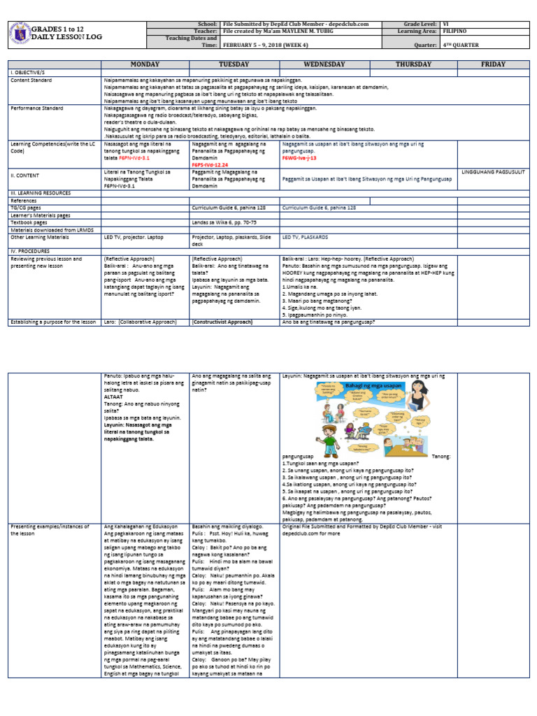 pdfcoffee.com_dll-filipino-6-q4-w4-pdf-free | PDF