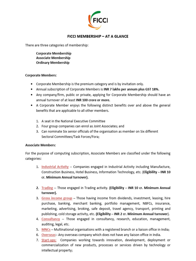 FICCI Membership Fees and Categories | PDF | Revenue | Banks