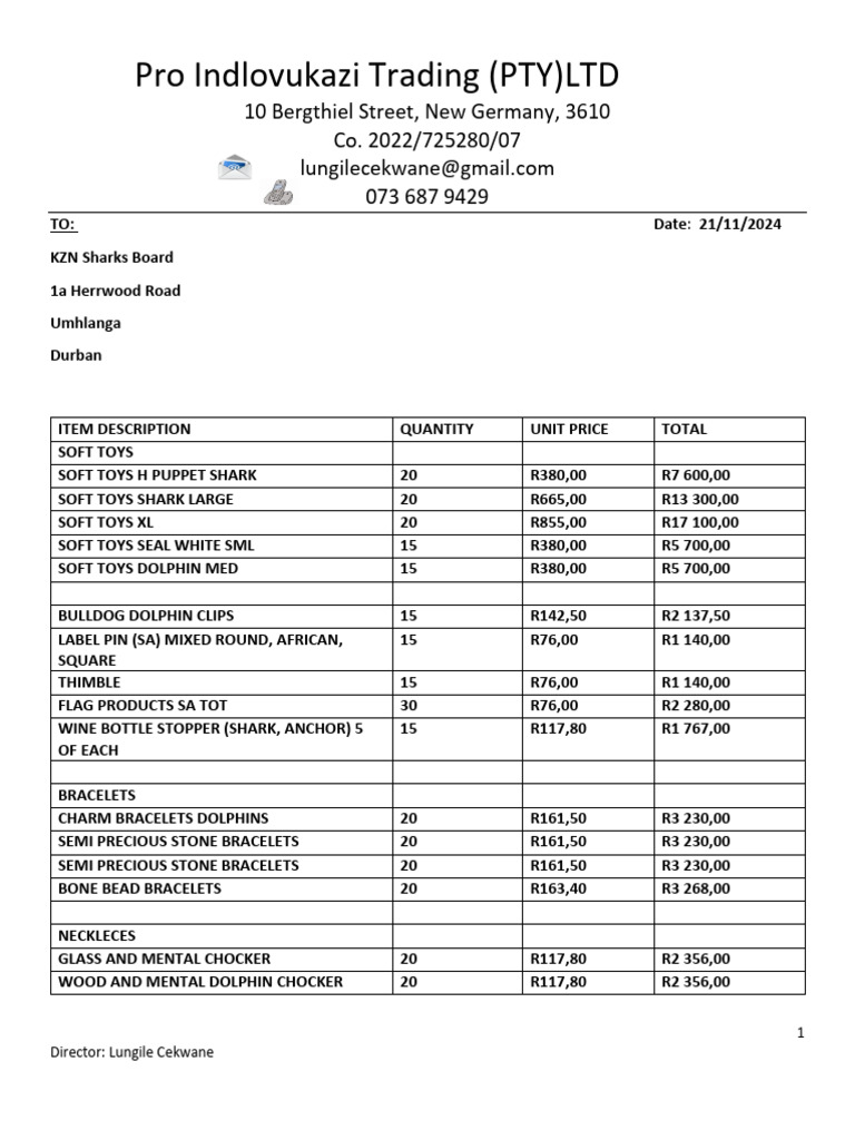 Pro_Indlovukazi Trading Invoice | PDF | Fish | Zoology