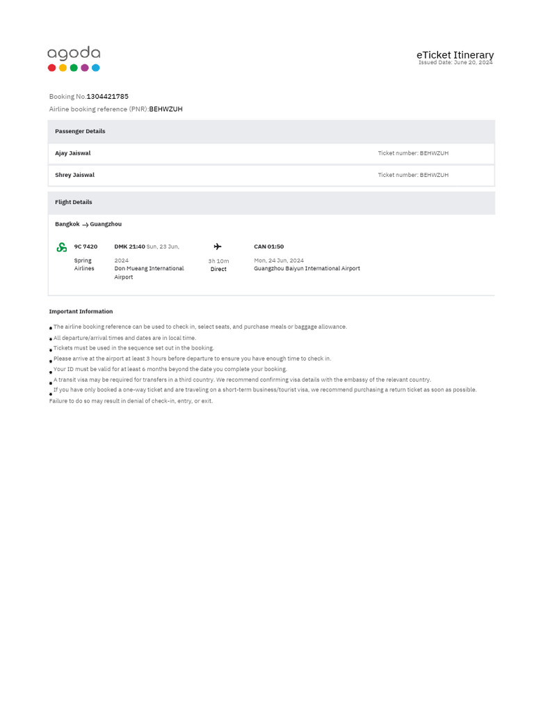 Agoda Itinerary: 9C 7420 Flight Details | PDF