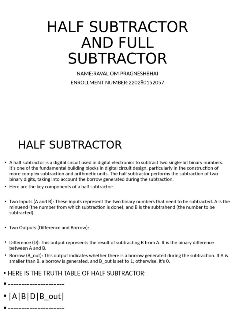 HALF SUBTRACTOR AND FULL SUBTRACTOR | PDF | Subtraction | Elementary ...