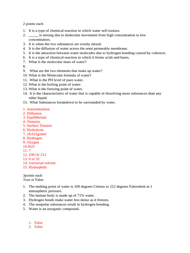 Water Properties Quiz | PDF