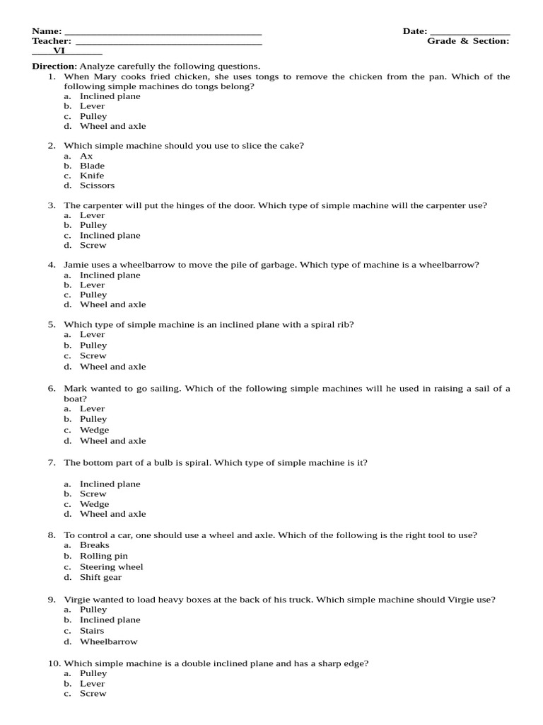 Simple Machines Quiz | PDF