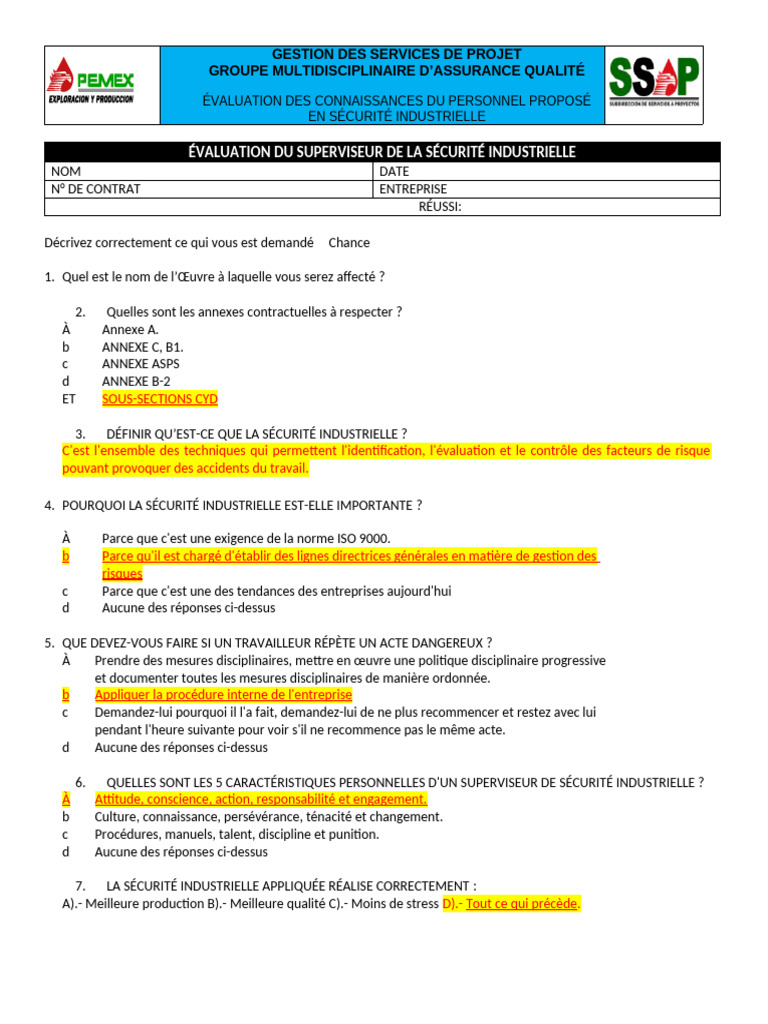 01 ÉVALUATION DU SUPERVISEUR DE SÉCURITÉ INDUSTRIELLE. modifié 333 PTE.docx | PDF | Sécurité ...