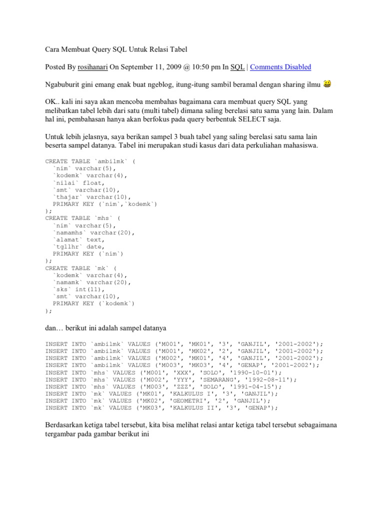 Cara Membuat Query SQL Untuk Relasi Tabel | PDF | Metode & Bahan Ajar ...