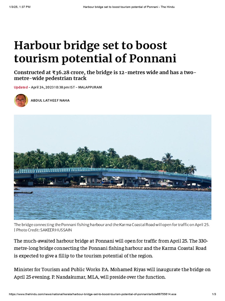 Harbour bridge set to boost tourism potential of Ponnani - The Hindu ...
