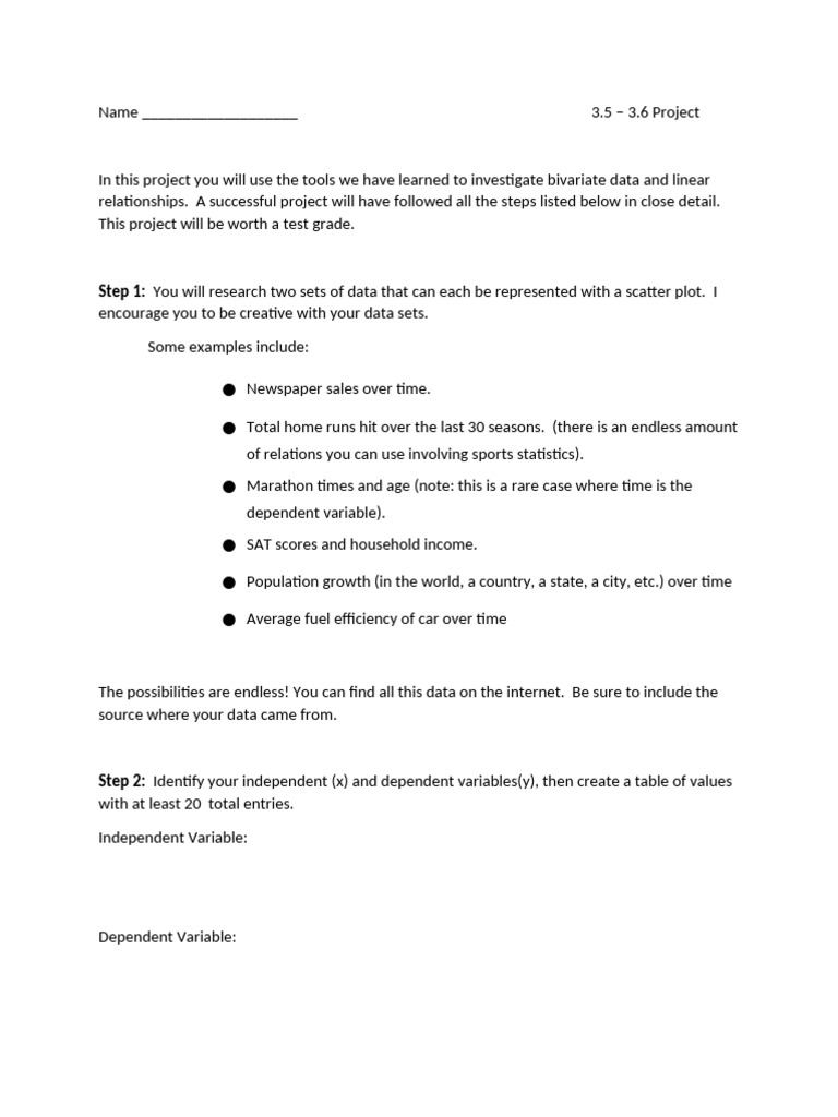 Bivariate Data Analysis Project Guide | PDF | Dependent And Independent ...