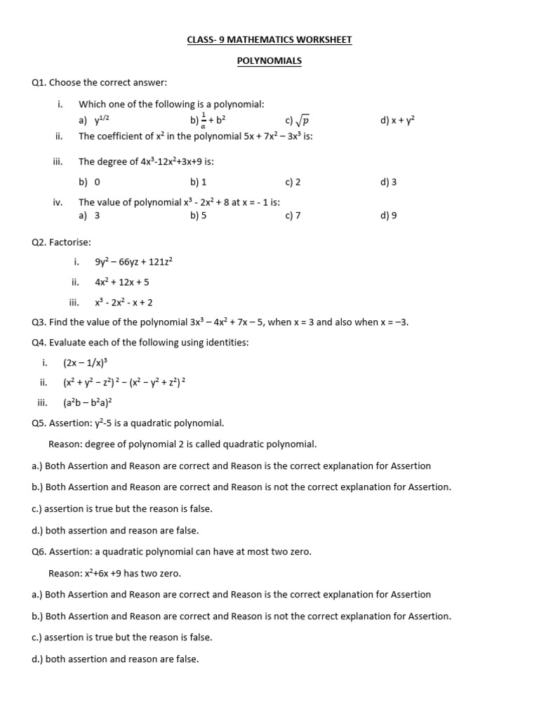 Assignment Class 9 Polynomials | PDF