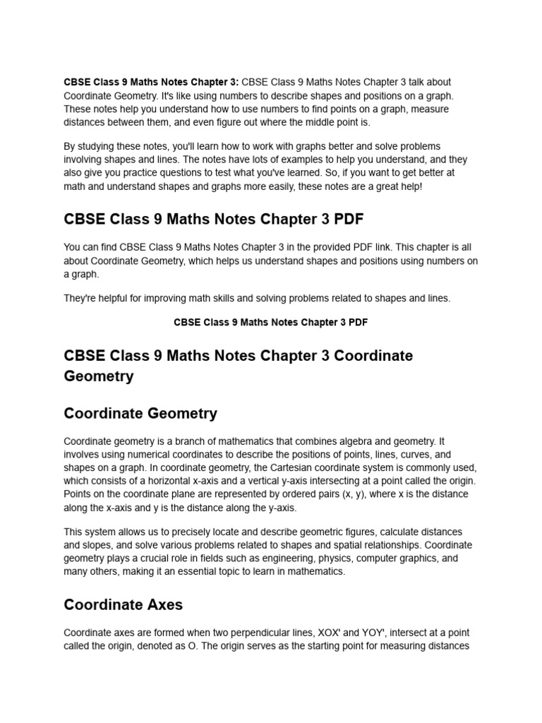 CBSE Class 9 Coordinate Geometry Notes | PDF | Cartesian Coordinate ...