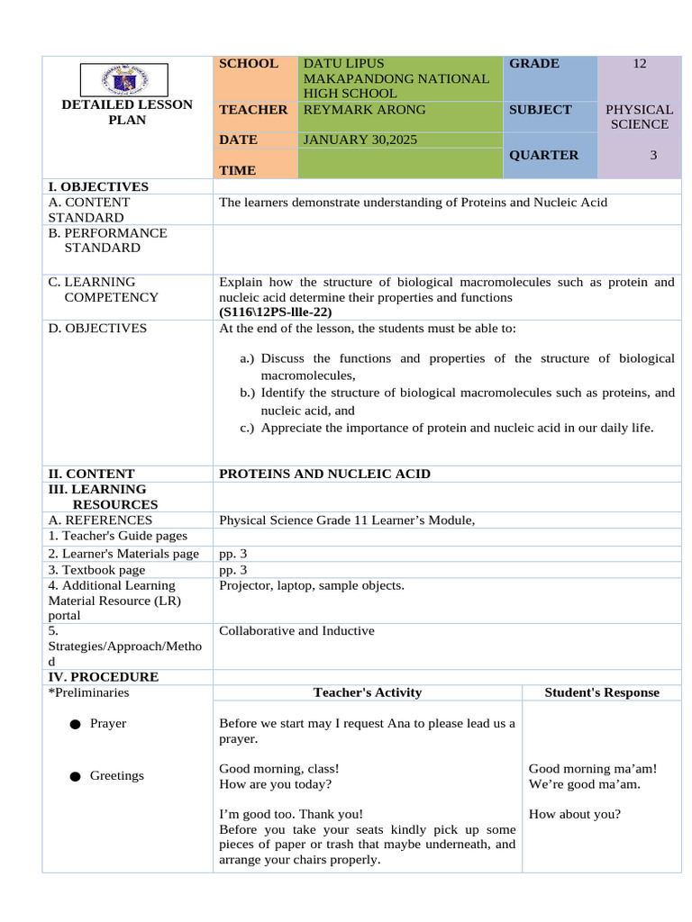 Lesson Plan Physical Science | PDF | Nucleotides | Dna