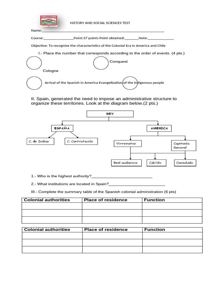 Test of History and Social Sciences The Colony | PDF | Spanish ...