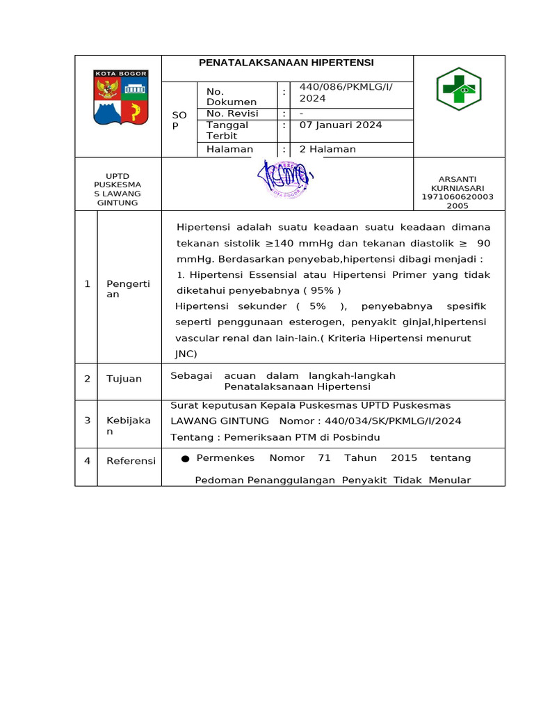 Sop Penatalaksanaan Hipertensi | PDF