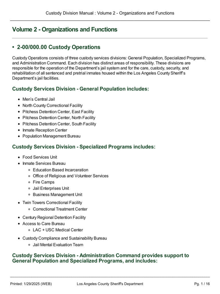 LA County Jail Custody Operations Guide | PDF | Prison | Sheriffs In ...