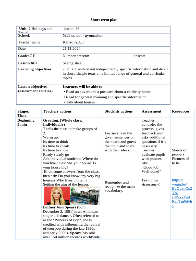 lesson plan 21.11.2024. Акбобекdocx | PDF | Learning | Cognitive Science