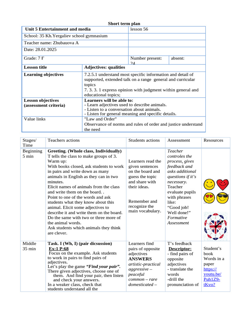 Lesson Plan. Adjectives, Qualities | PDF | Vocabulary | Lesson Plan