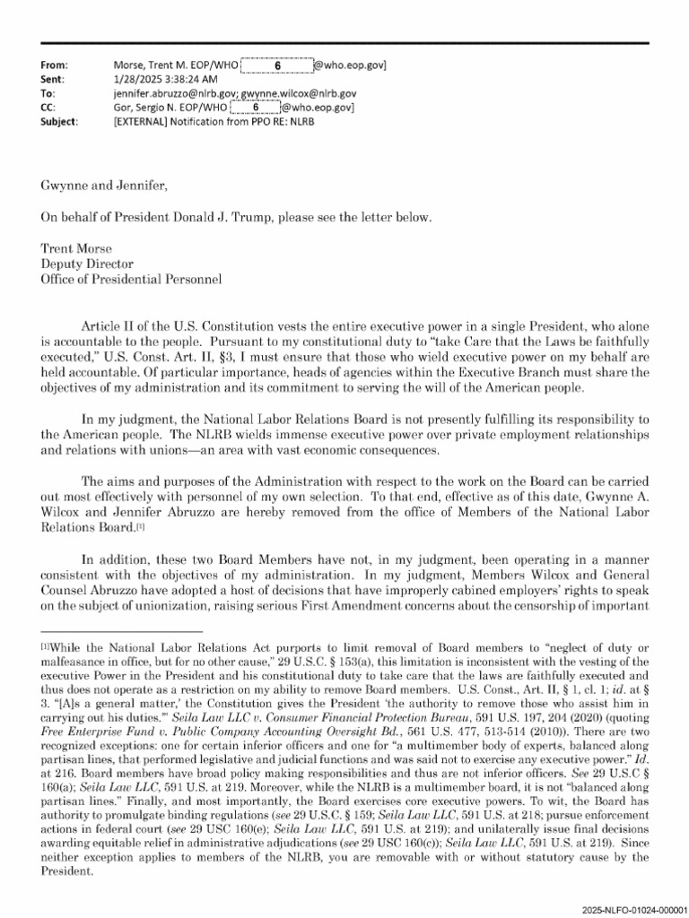 Letter From White House To NLRB | PDF | National Labor Relations Board ...