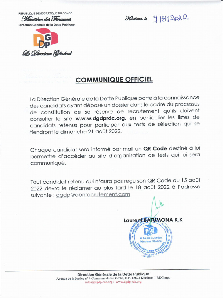 Communique Officiel Dgdp Recrutement | PDF