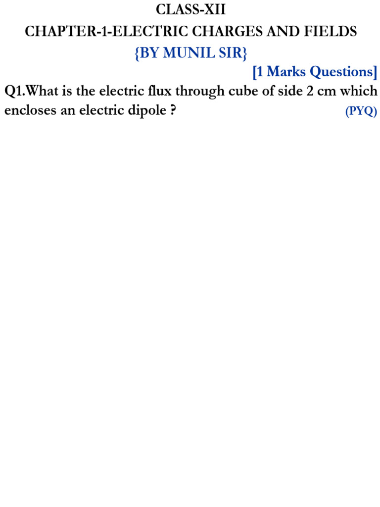 Chapter-1-Electric charges and fields (78-Questions) | PDF | Electric ...