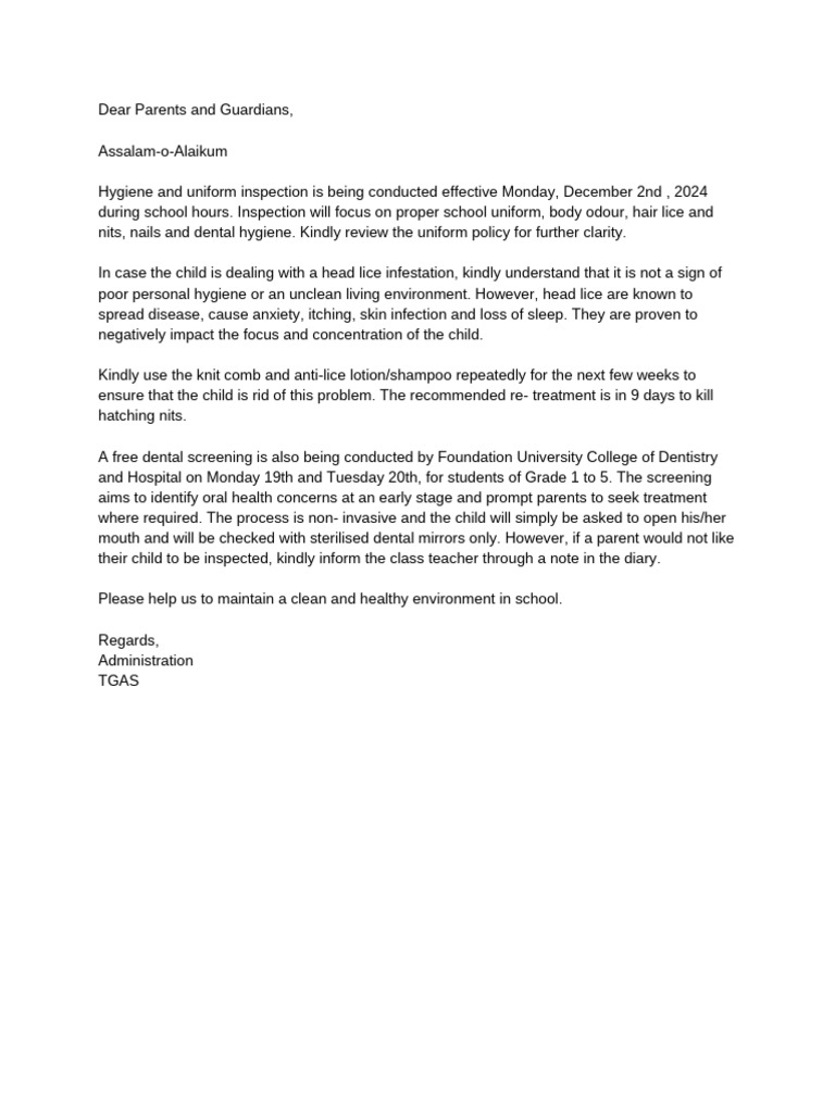 School Hygiene and Uniform Inspection Notice | PDF